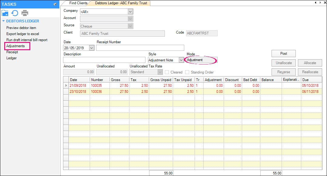 Entering debtor adjustments / writing off debtor amounts